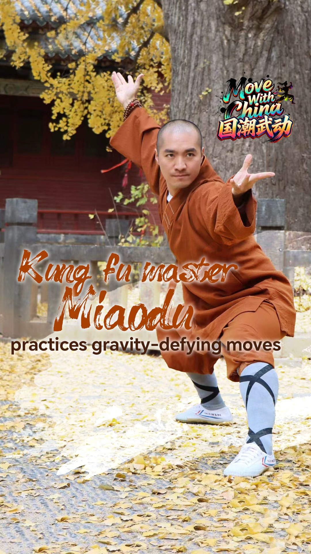 Kung fu master practices gravity-defying moves on Songshan Mountain